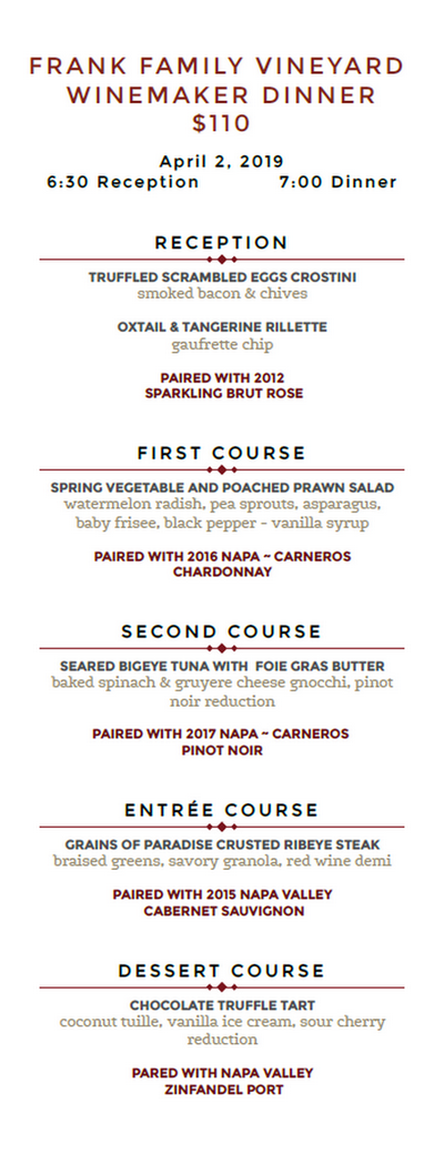 frank family menu - Napa Valley Life Magazine